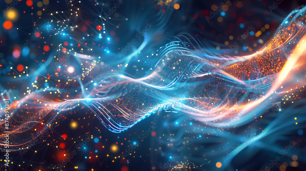 Data neon waves abstract background, dark digital space with network ...