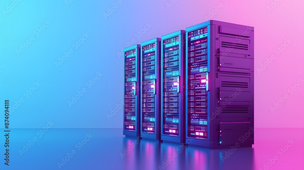 Data server racks in a row with blue and pink lighting, depicting ...