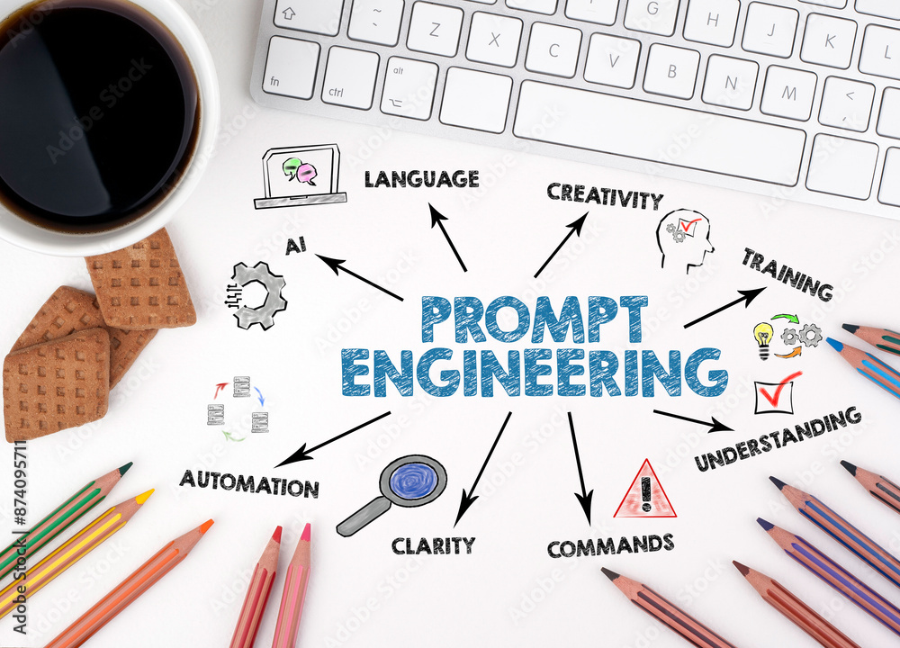 Prompt Engineering Concept. Chart with keywords and icons. White office ...