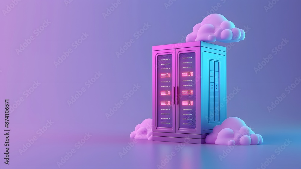 Stylized server cabinets amidst fluffy clouds in a vibrant, surreal ...