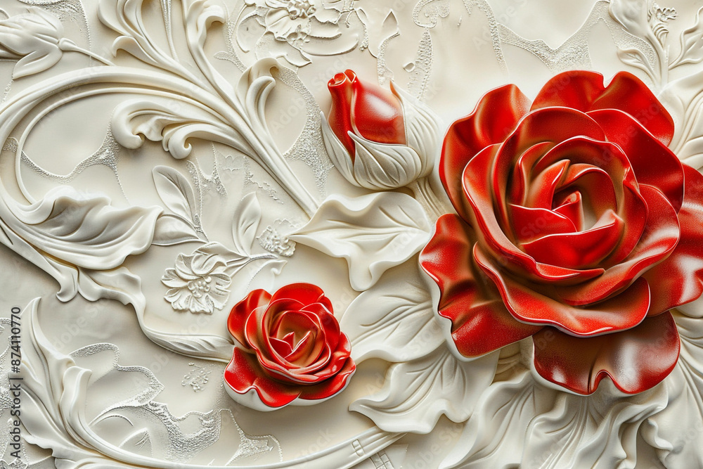 3D relief red rose wallpaper with intricate details and elegant design ...