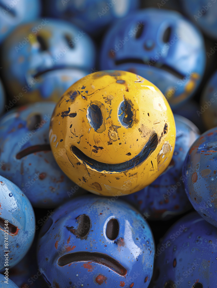 Smiley face in the middle of a lots of sad faces Stock Photo | Adobe Stock