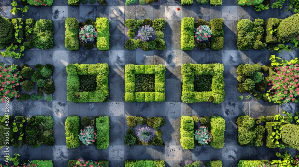 An aerial perspective of a topiary garden arranged in a checkerboard ...