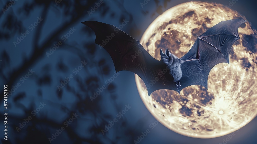 Bat Flying in Front of the Moon - A black bat with spread wings flies ...