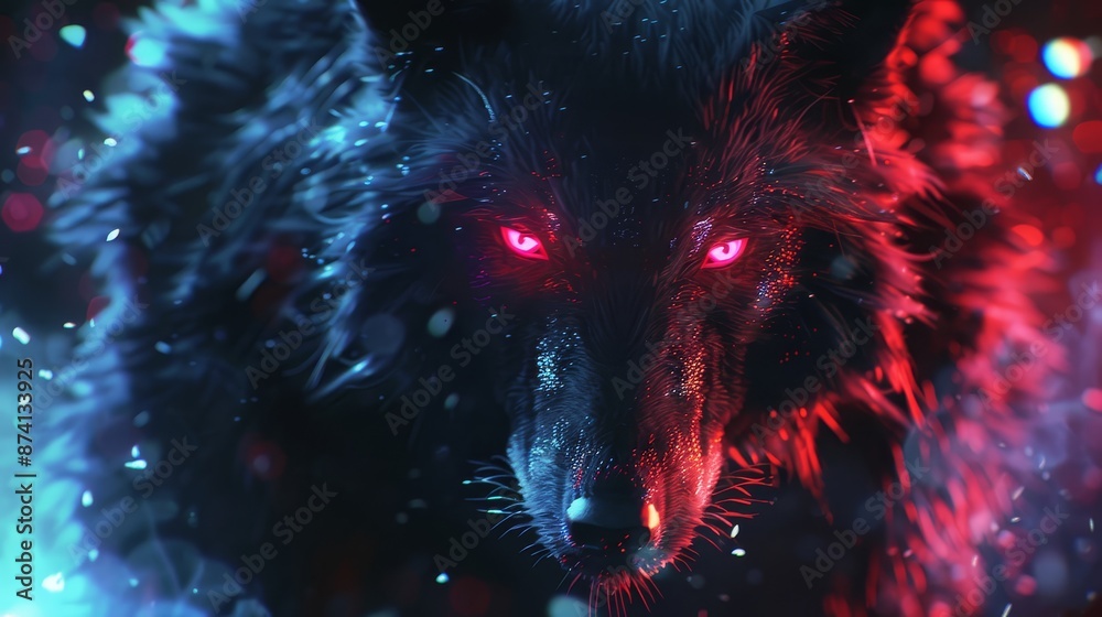 Fiery Wolf - A close-up portrait of a wolf with glowing red eyes, a ...