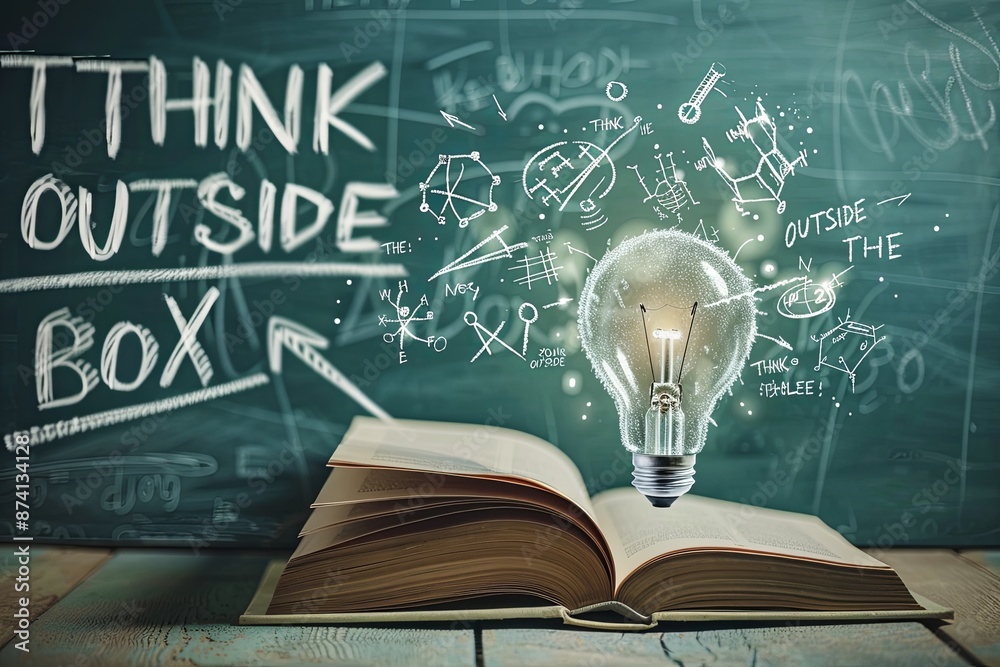 Open book with an illustration of a light bulb and arrows emerging from ...