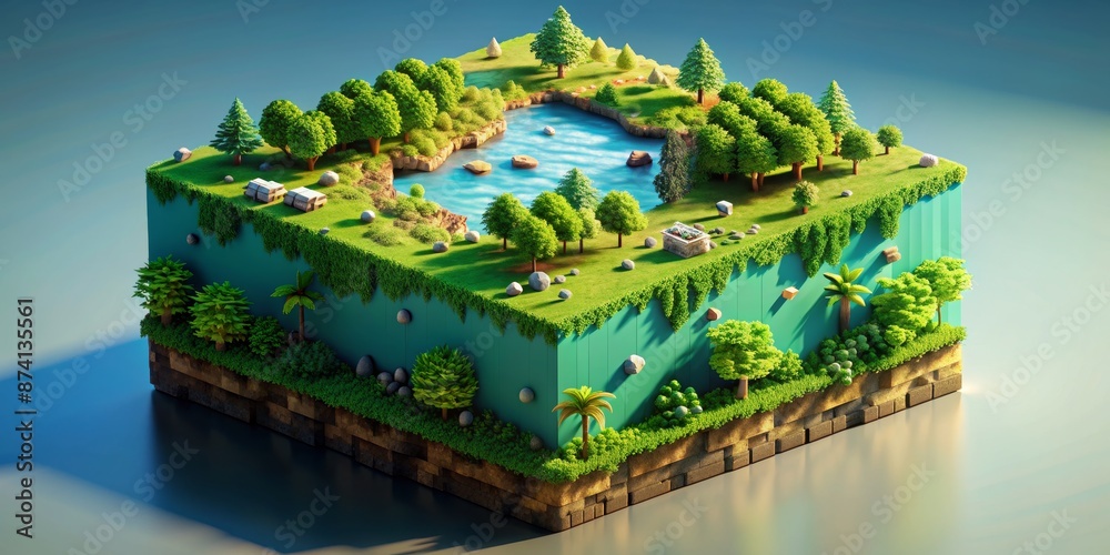 Abstract 3D voxel cube surface landscape background, digital game earth cube voxel surface ...
