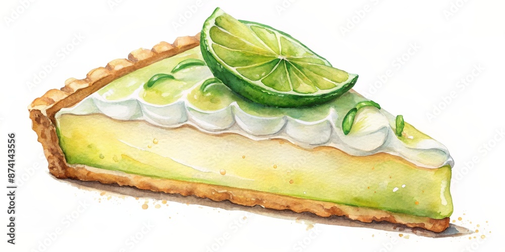 Hand-painted watercolor illustration of a slice of citrus key lime pie ...