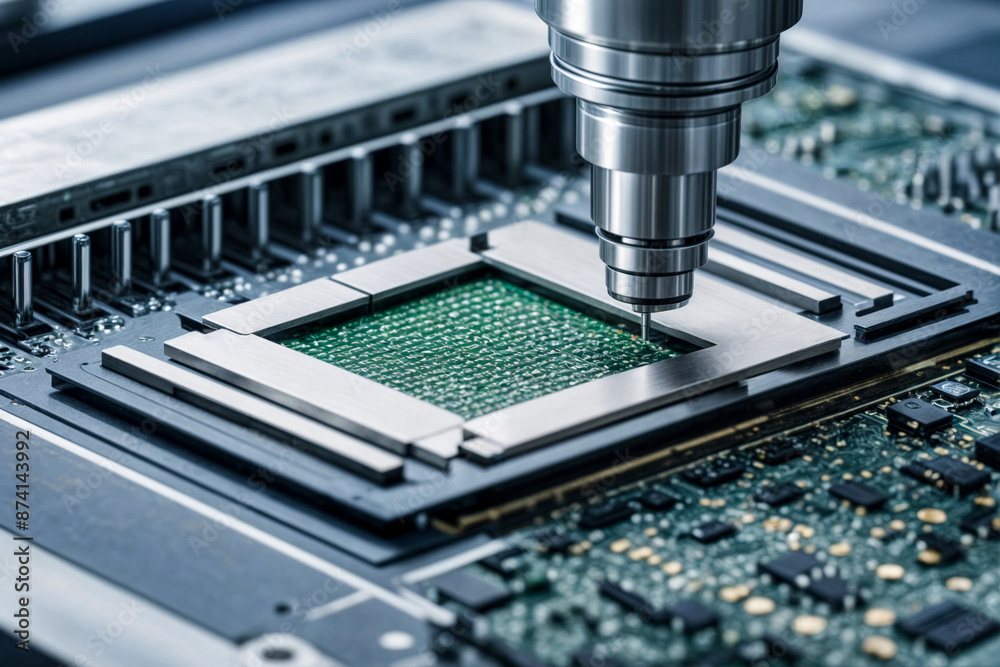 Manufacturing computer chips in semiconductor factory. Close-up of silicon die being removed ...