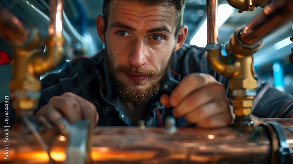 Detailed view of a plumber fixing copper pipelines and fittings for a ...
