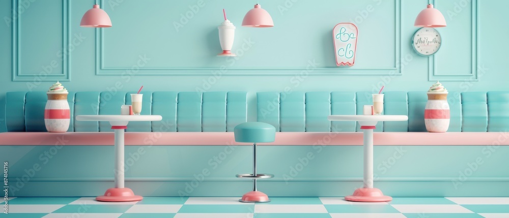 Retro diner interior with pastel colors, featuring tables, chairs, and ...