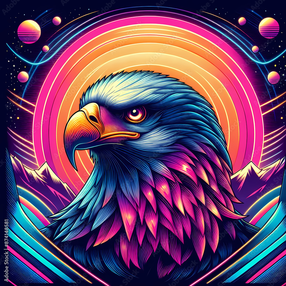 eagle portrayed colorful neon retrowave background synthwave hawk ...