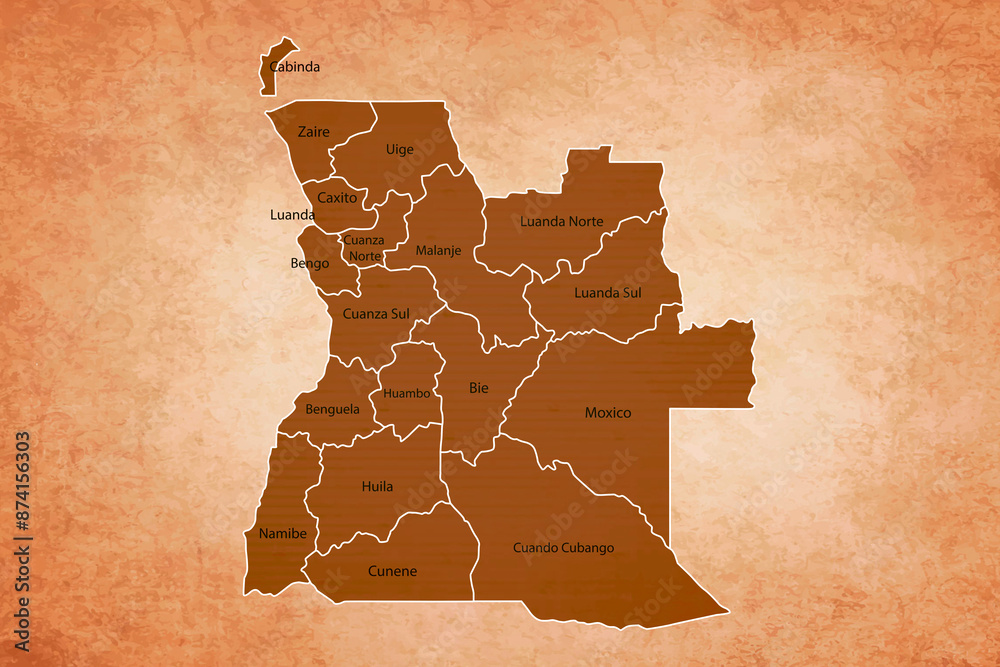 Angola Map. Angola Map with federal states in A vintage Color Texture ...