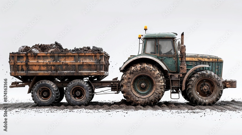 A tractor with its trolley loaded with manure and its engine revving on ...