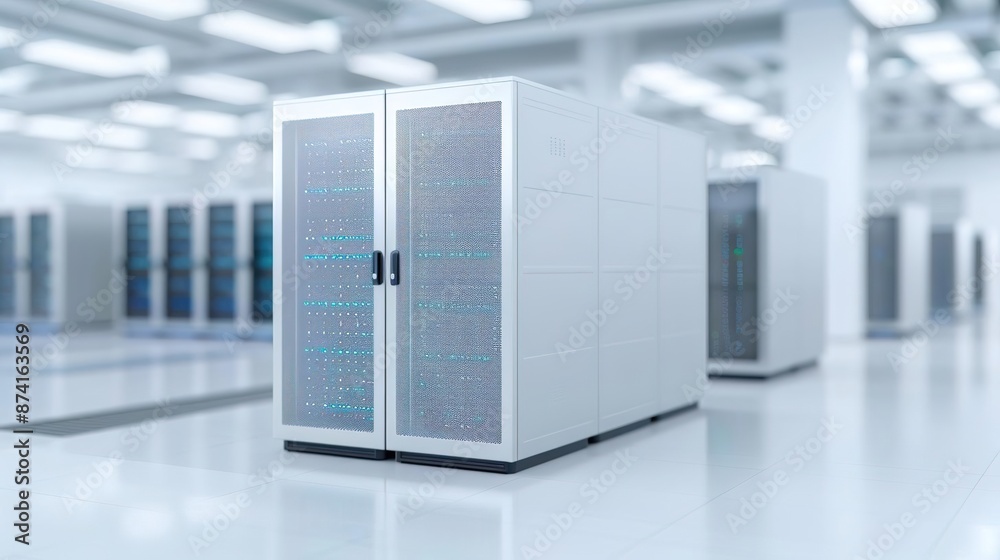 Modern server rack in a data center with other racks in the background ...