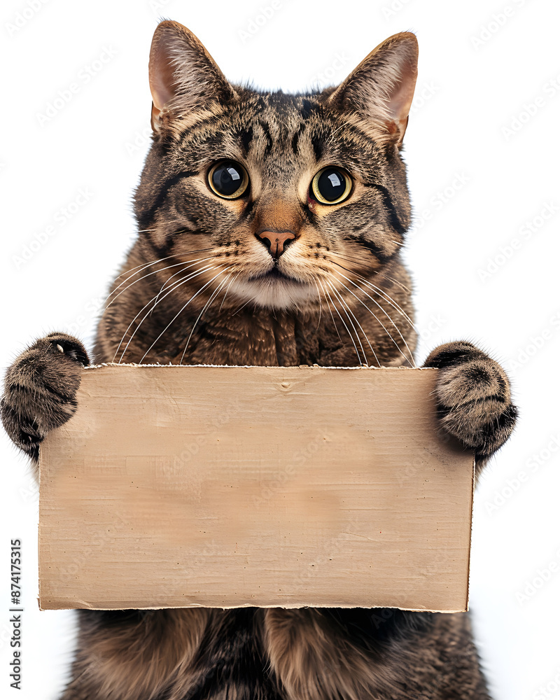 Close-up of an inquisitive tabby cat peering over a piece of cardboard ...
