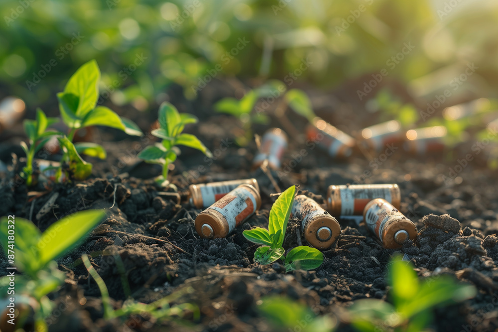 Used batteries in the soil where plants grow. Concept of environmental ...
