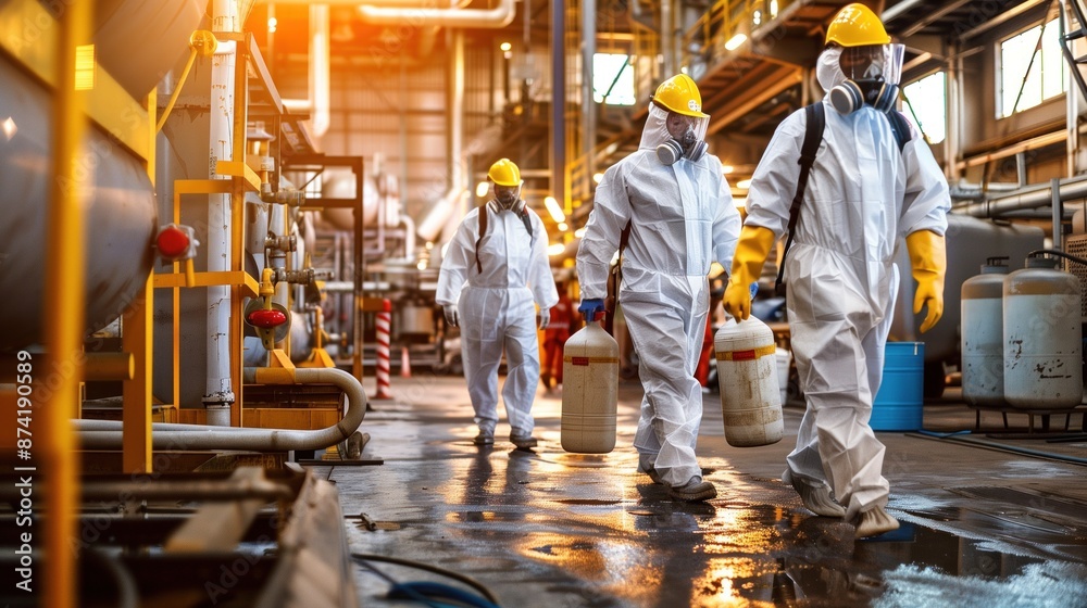 Chemical spill with hazardous materials leaking, hazmat teams in ...