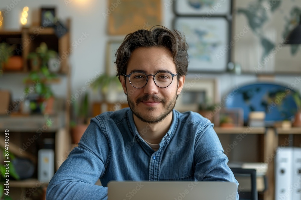 Good-looking millennial office employee in glasses sitting at desk in ...