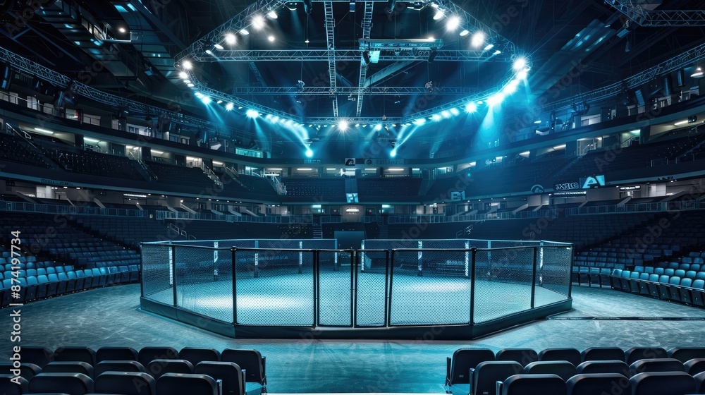 Deserted MMA arena with no spectators, showcasing the empty cage and ...