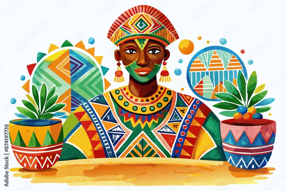 traditional, african patterns, Vibrant watercolor painting of ...