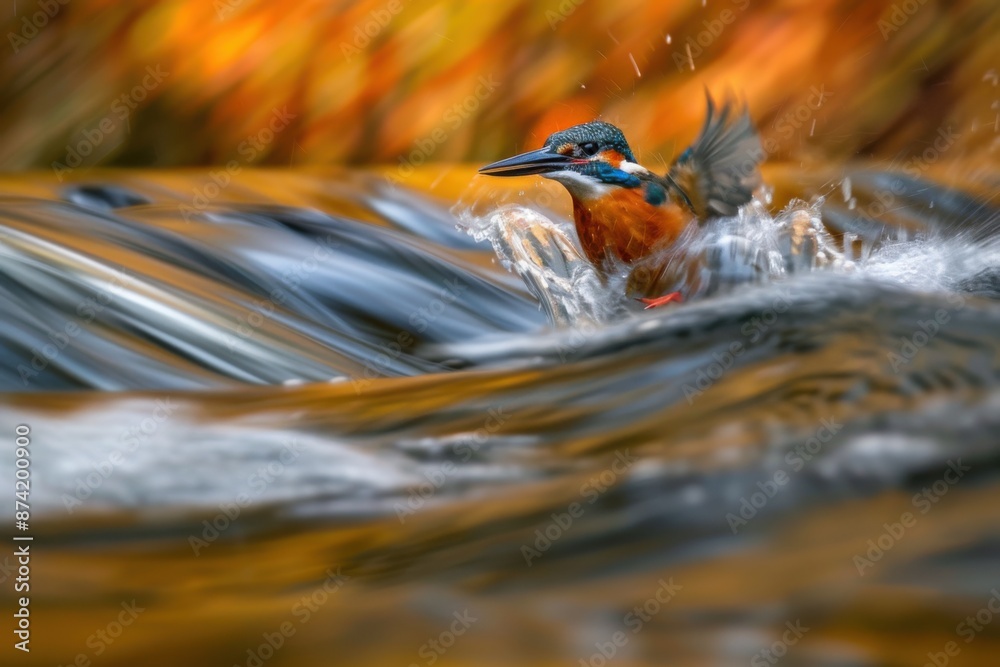 Kingfisher diving into water, beak just touching surface, fish visible ...