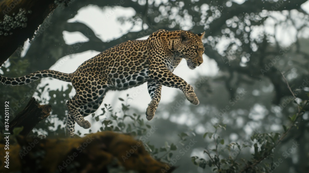 Leopard leaping between trees in full stretch, low angle shot. Sony A1 ...