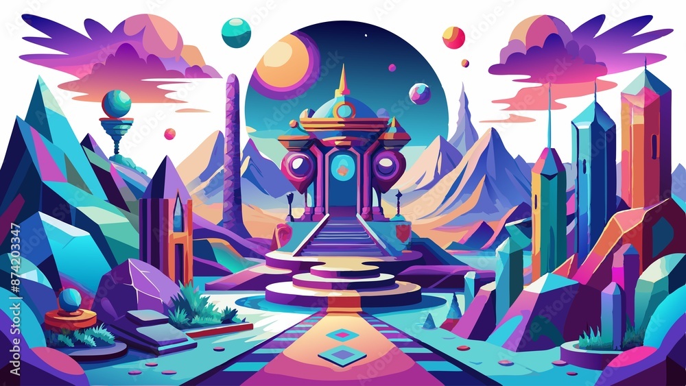 Mind-bending art installation on pristine white background, surrounded ...