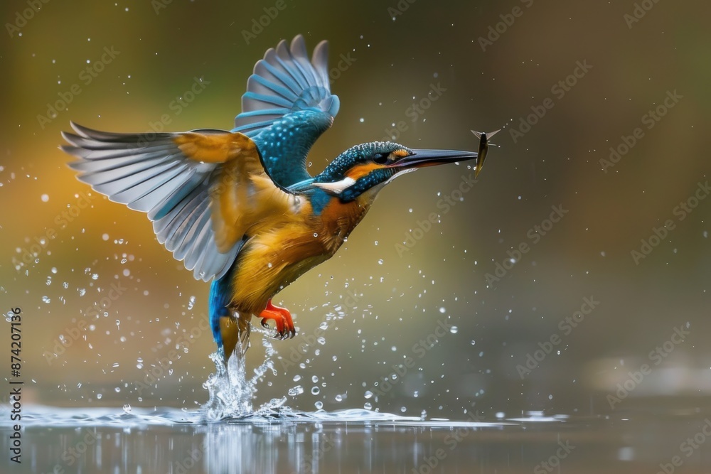 Kingfisher diving into water, beak just touching surface, fish visible ...