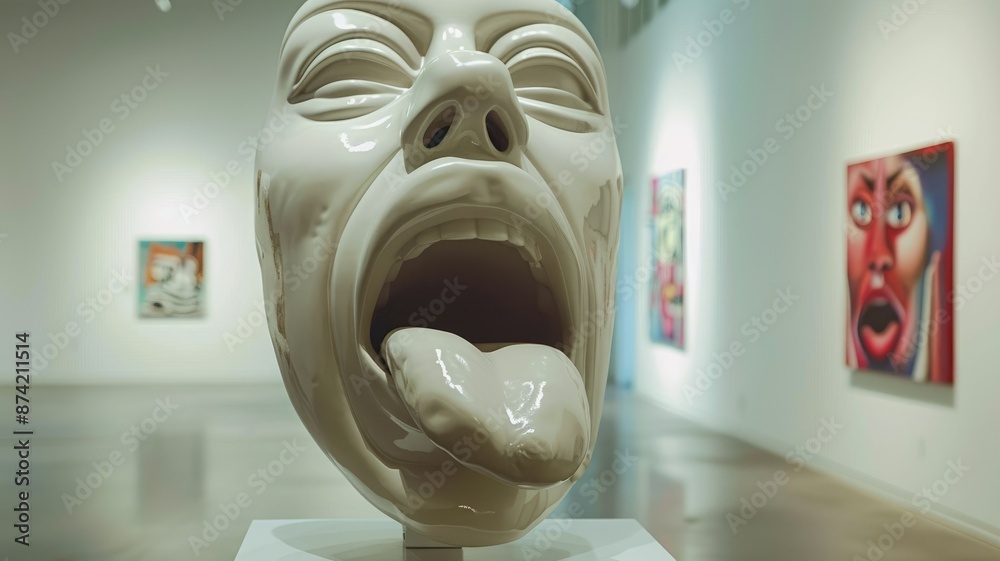 Abstract ceramic sculpture of face with tongue out in art gallery ...