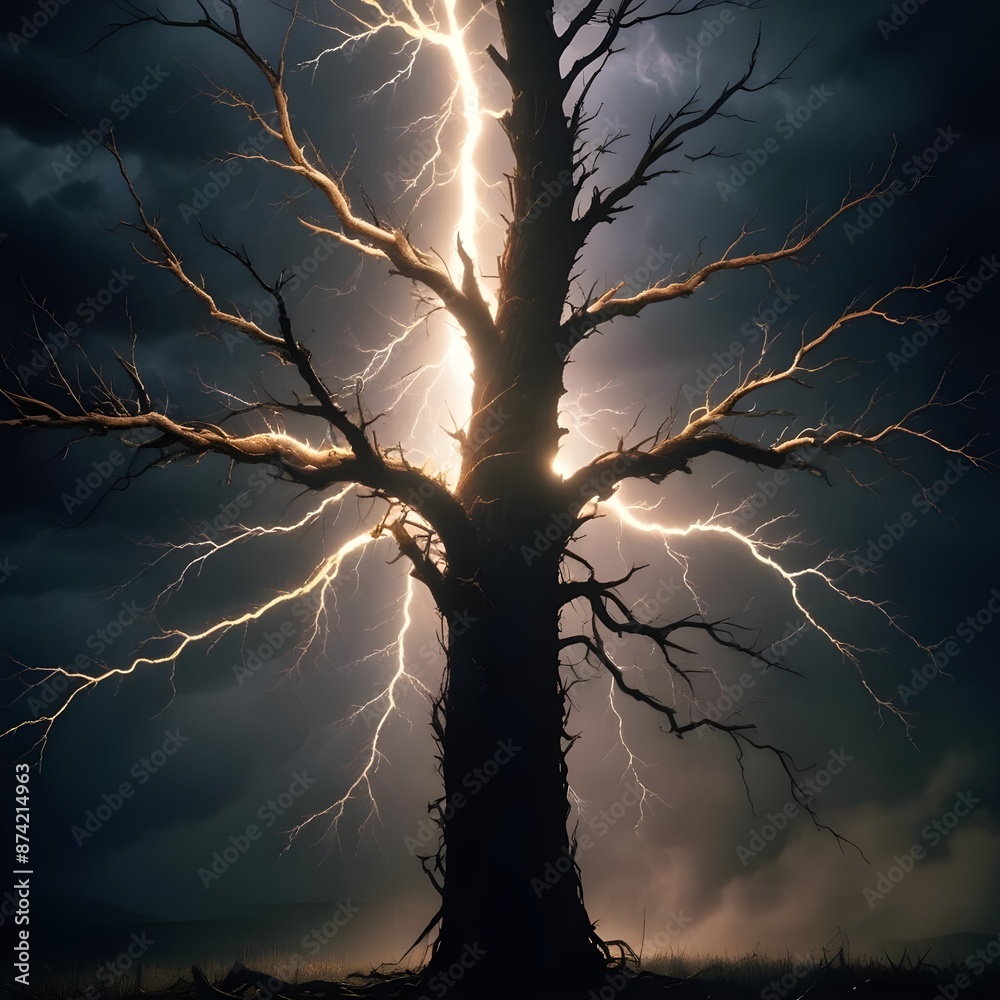 Lightening striking an old dead tree, the moment of impact. Stock Photo ...