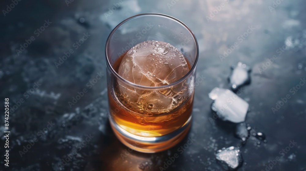 A glass of bourbon with a perfectly round ice sphere, chilling the rich ...