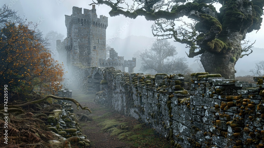 A medieval Scottish castle with rugged stone walls and a towering keep ...