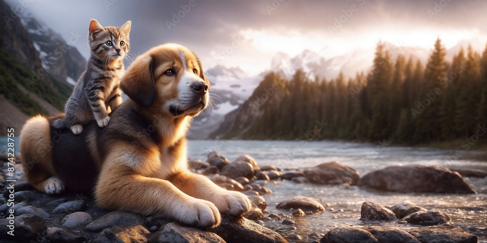 Cat riding on the back of a dog, going on an adventure, beautiful ...