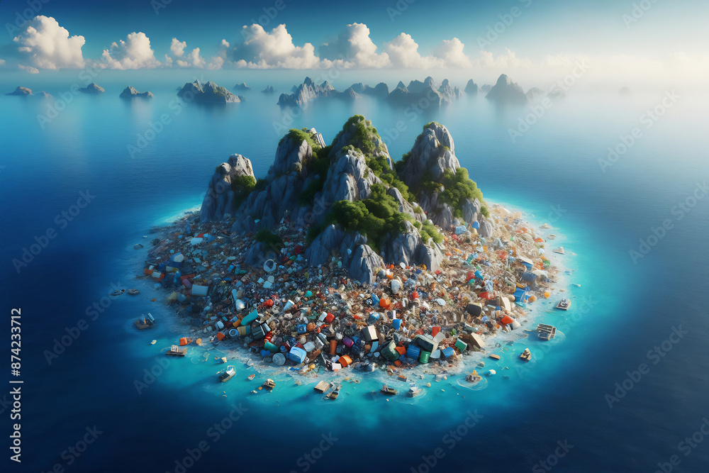 island in the middle of blue sea formed from large piles of rubbish ...