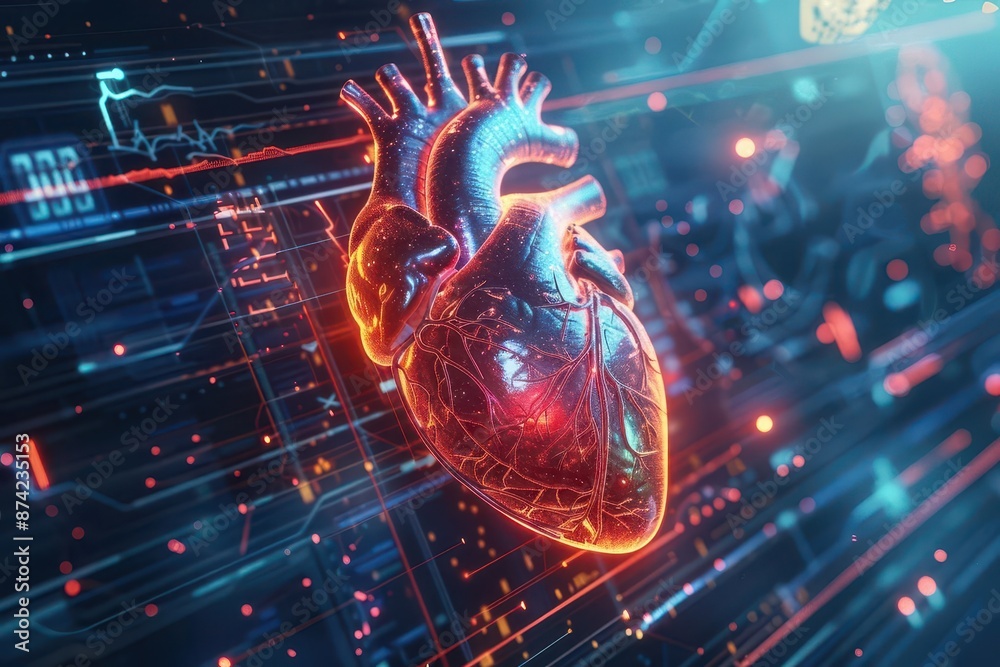 futuristic medical hologram displaying 3d heart swirling data streams and neon vital signs ...