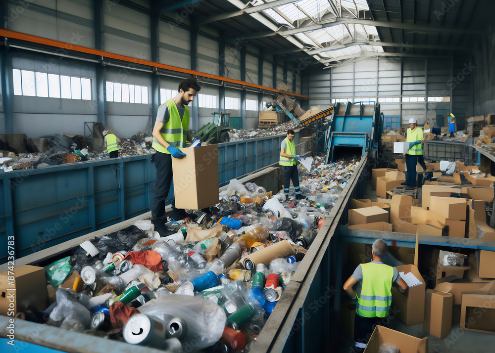 Workers sorting, recycling materials at a waste management facility ...