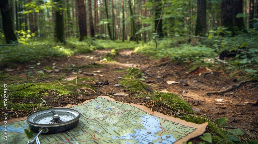 Orienteering map and compass on a forest trail, illustrating the ...