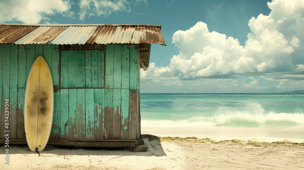 Surfboard leaning against a deserted beach shack, evoking the freedom ...