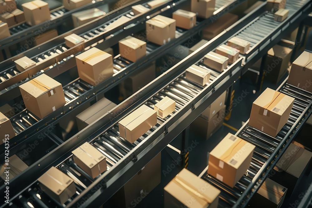 overhead view of cardboard boxes moving on automated conveyor belt ...