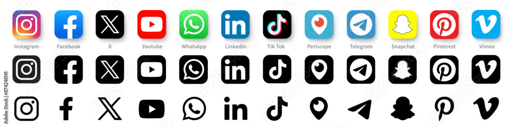 Realistic social media logotype collection: Facebook, X, instagram ...