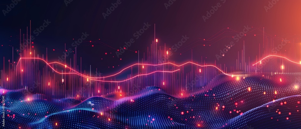 Abstract digital waveforms with futuristic glowing lights and data visualization on a dark ...