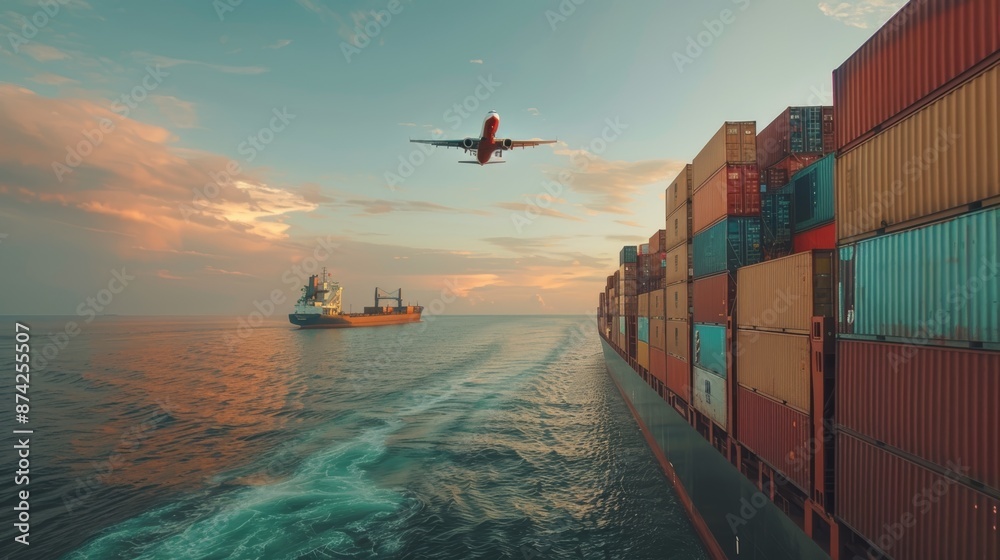 Cargo ship and plane in ocean sunset, symbolizing global transportation ...