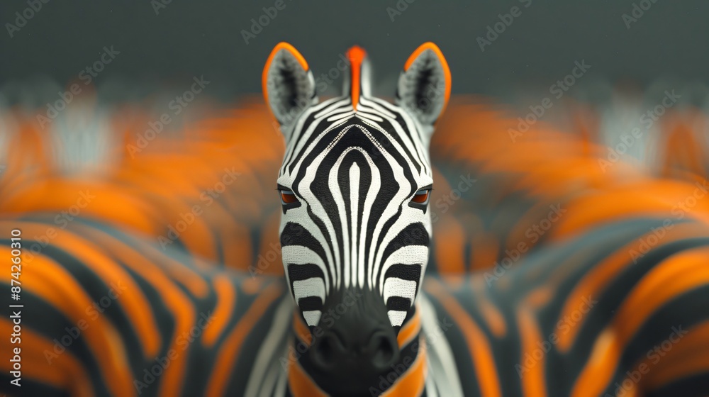 Zebra with a unique orange and black design stands out in a crowd of ...