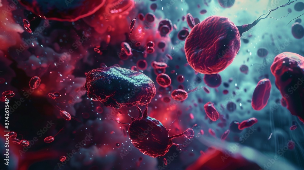 Red blood cells and a white blood cell float in a dense, swirling fluid ...