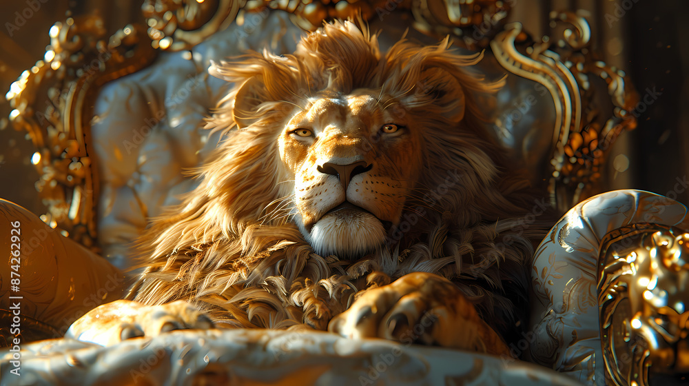 Fantasy image of a lion sitting as a king on a throne, in antient stone ...