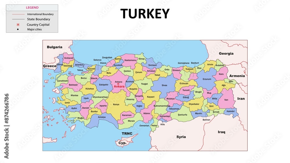 Turkey Map. State and union territories of Turkey with neighbouring ...