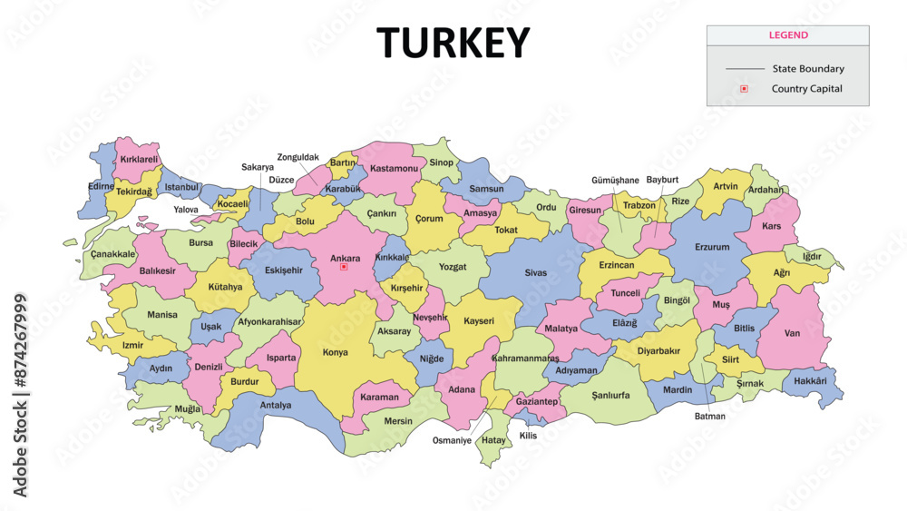 Turkey Map. State map of Turkey. State map of Turkey in colour with capital. Stock Vector ...