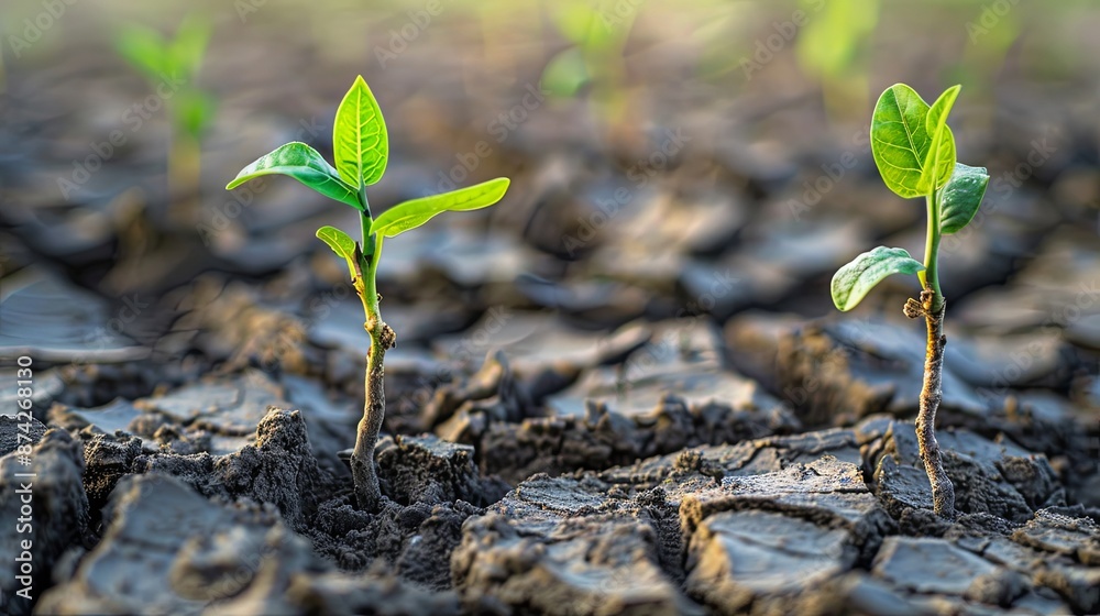 Green plants grew in dry cracked earth. Dry lake or swamp in the ...