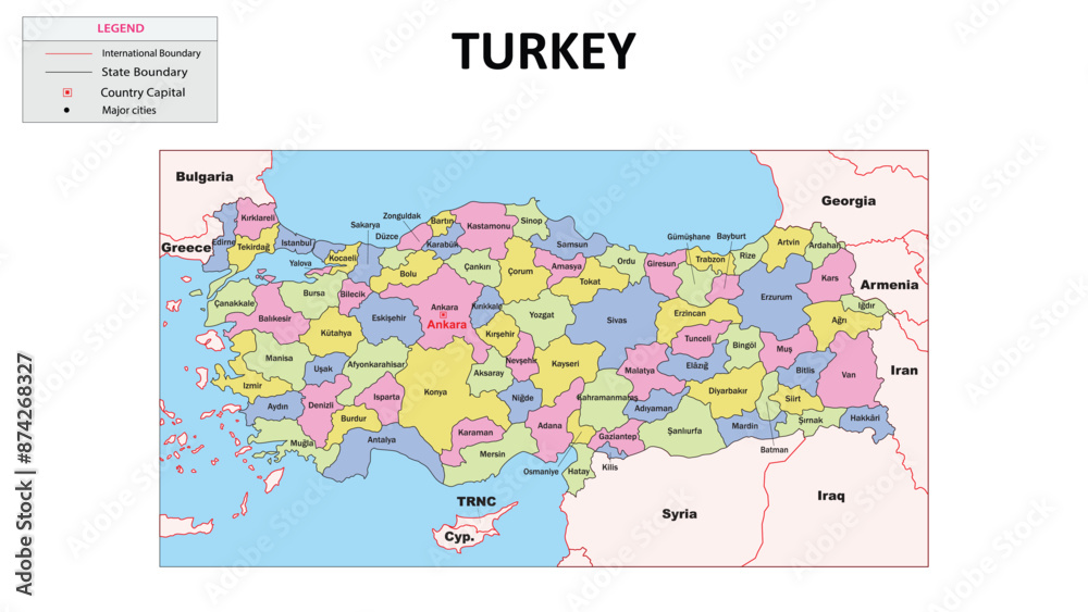 Turkey Map. State and union territories of Turkey with neighbouring ...